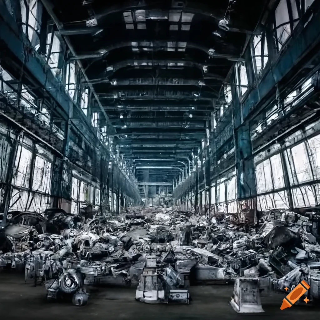 Derelict underground warehouse with scrap metal and machinery on Craiyon