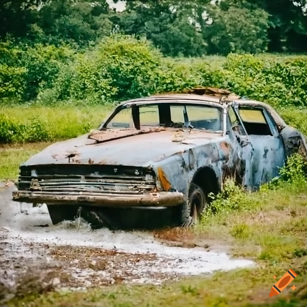 Post apocalyptic car in a workshop with cracks and puddles, vhs ...