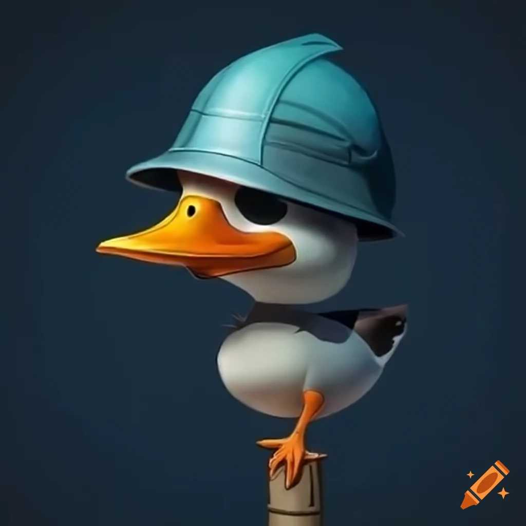 Duck wearing a helmet standing on one leg on a lamp post on Craiyon