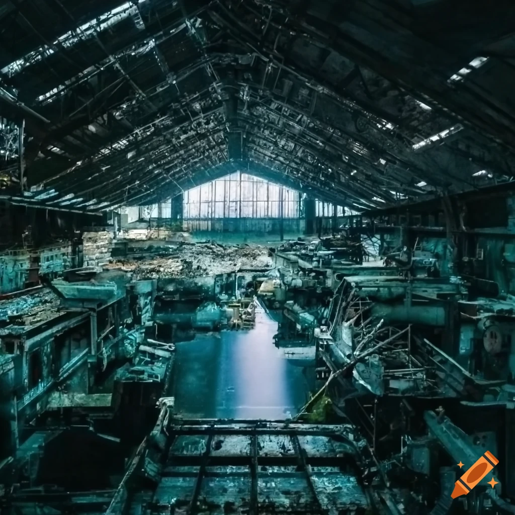Derelict underground warehouse with scrap metal and machinery on Craiyon