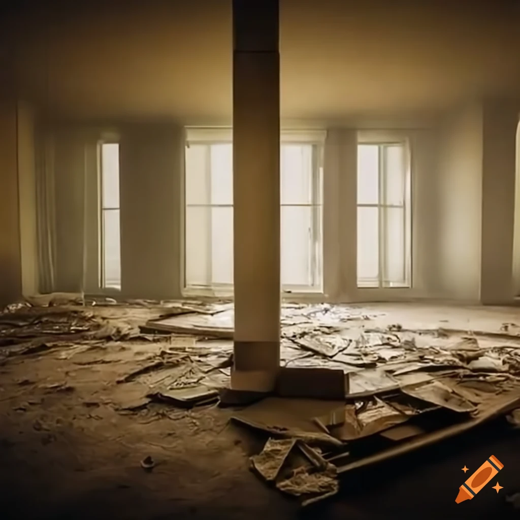 Abandoned 1970's highrise office with broken table in golden fog on Craiyon