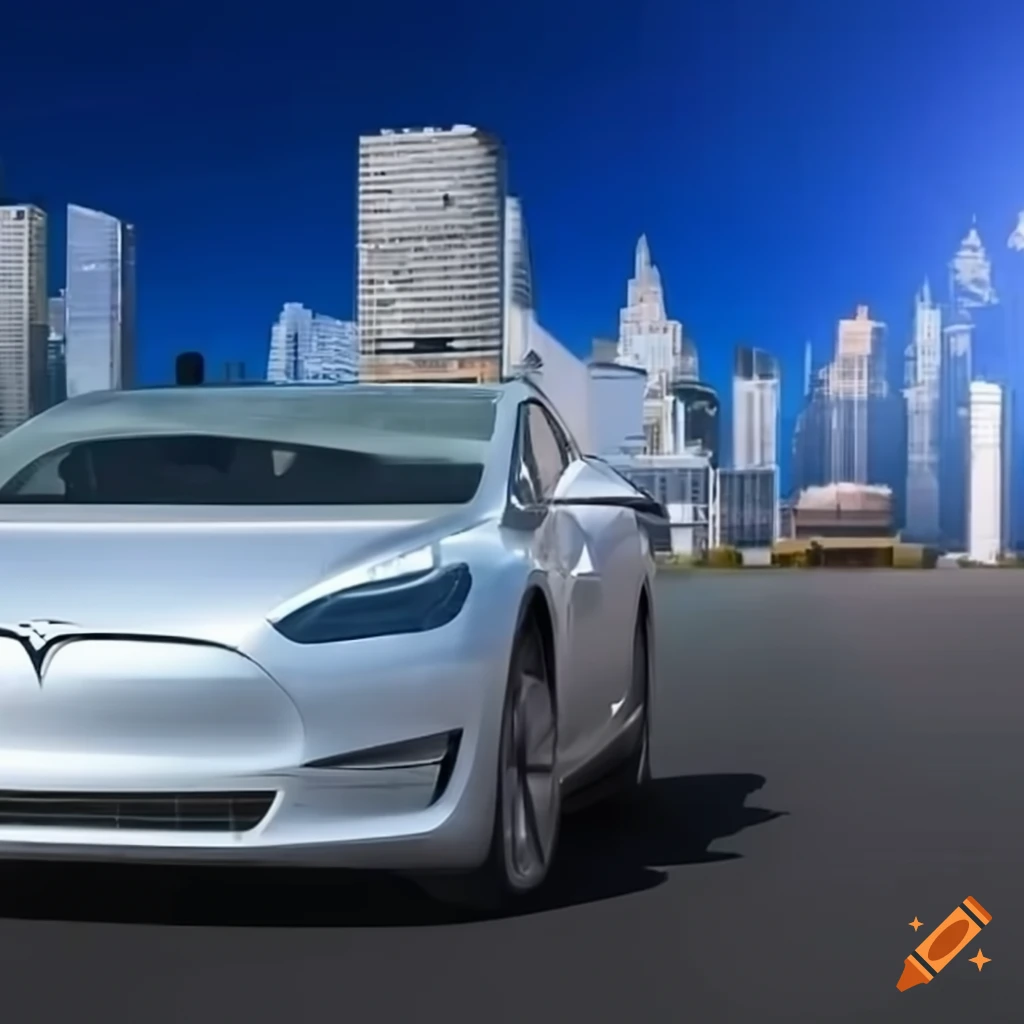 Woman standing next to silver tesla car with futuristic cityscape ...