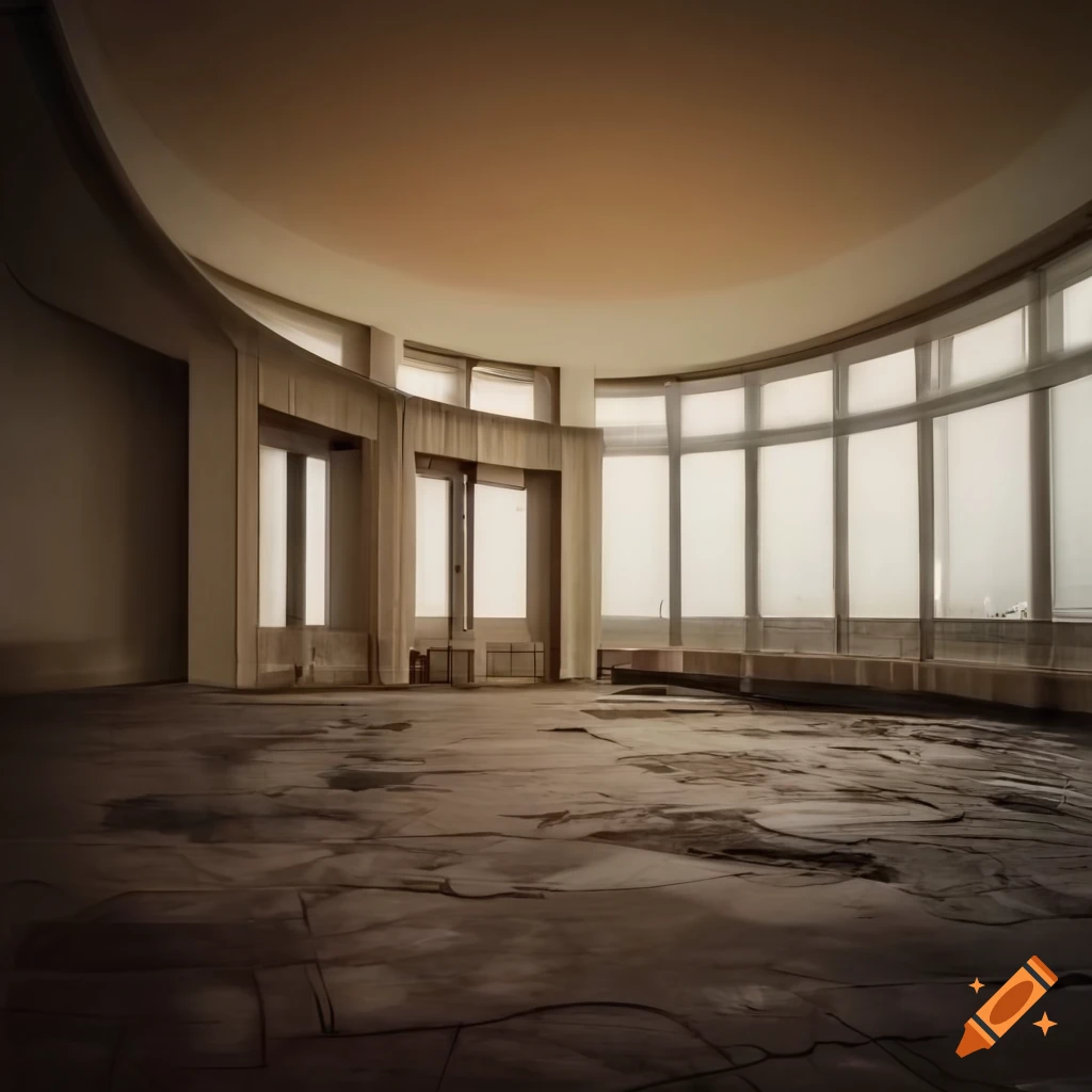 Abandoned crumbling modern lobby with sheer curtains overlooking ...