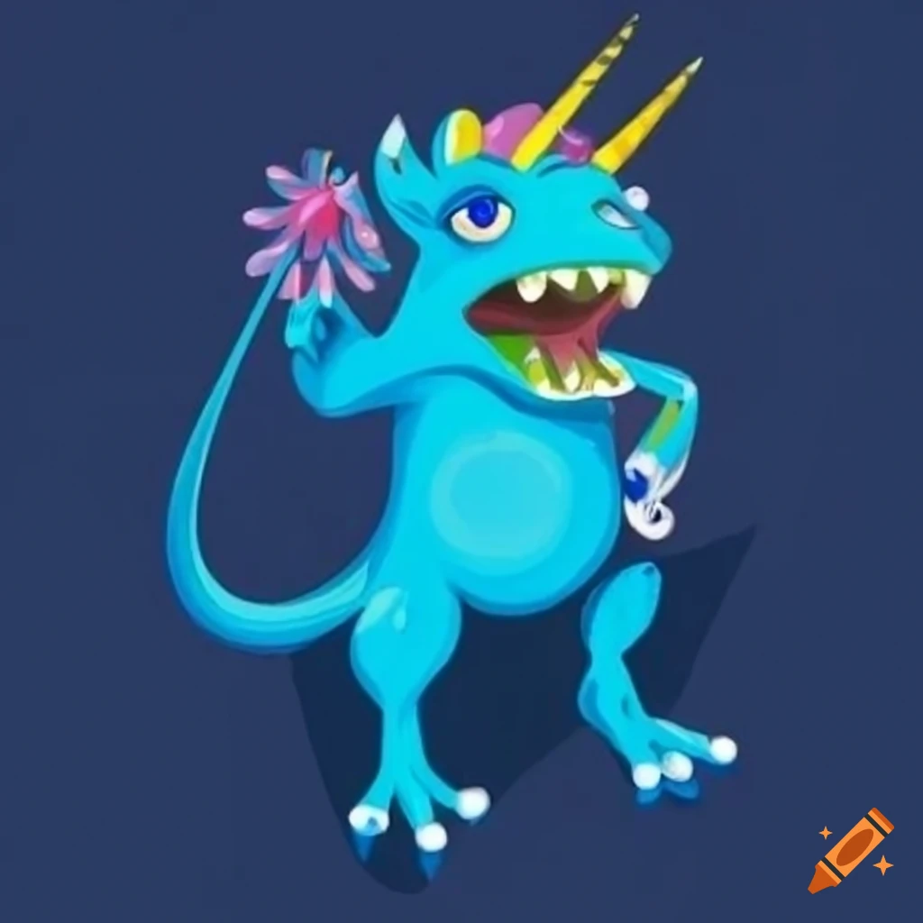 Angry blue bull frog unicorn monster in a minimalist oil painting on ...