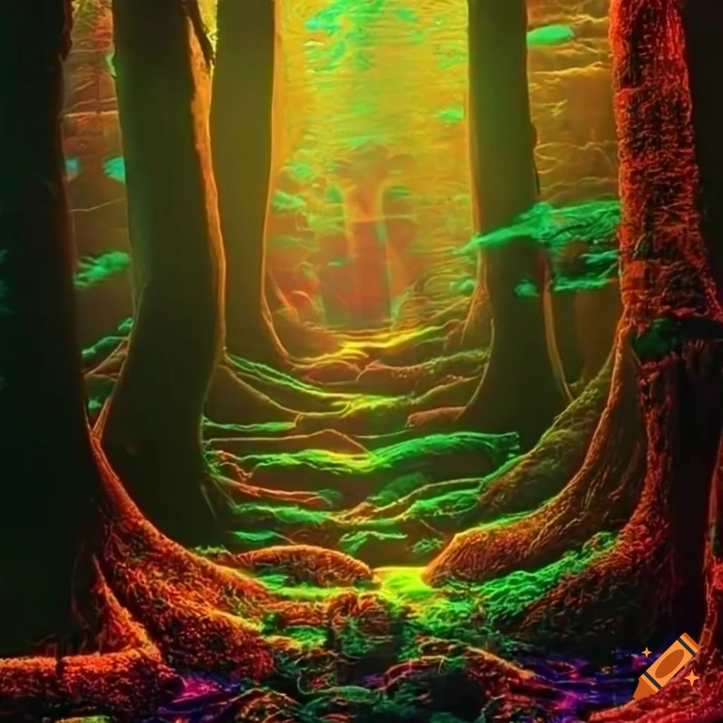 Colorful psychedelic forest scenery on Craiyon
