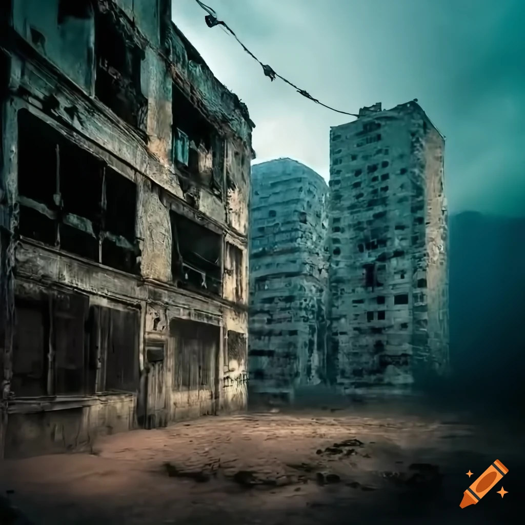 Ruined buildings in cuban-soviet style with corrosive colors on Craiyon