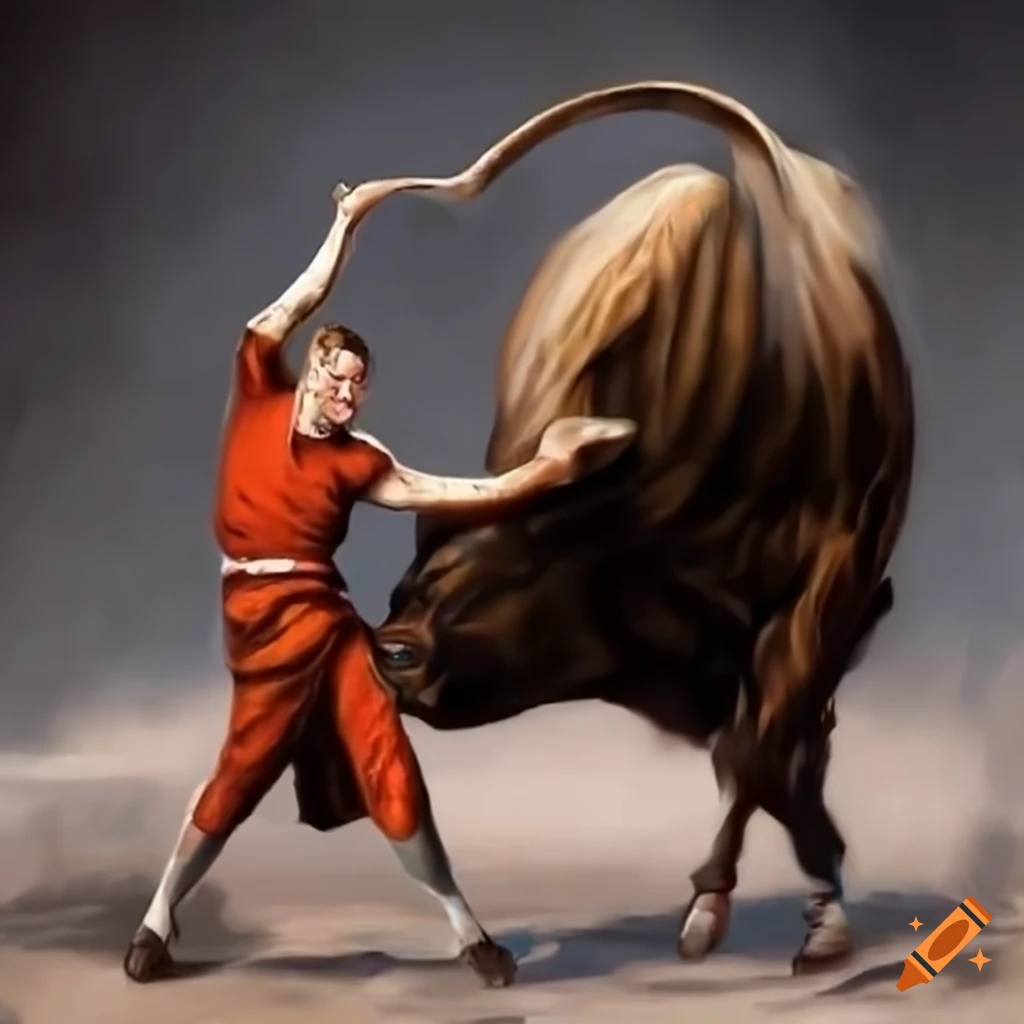 Man challenging a bull in a traditional event on Craiyon