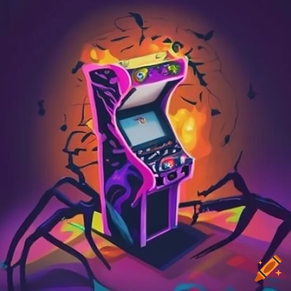 Vibrant arcade with game machines and spooky spider decorations on Craiyon
