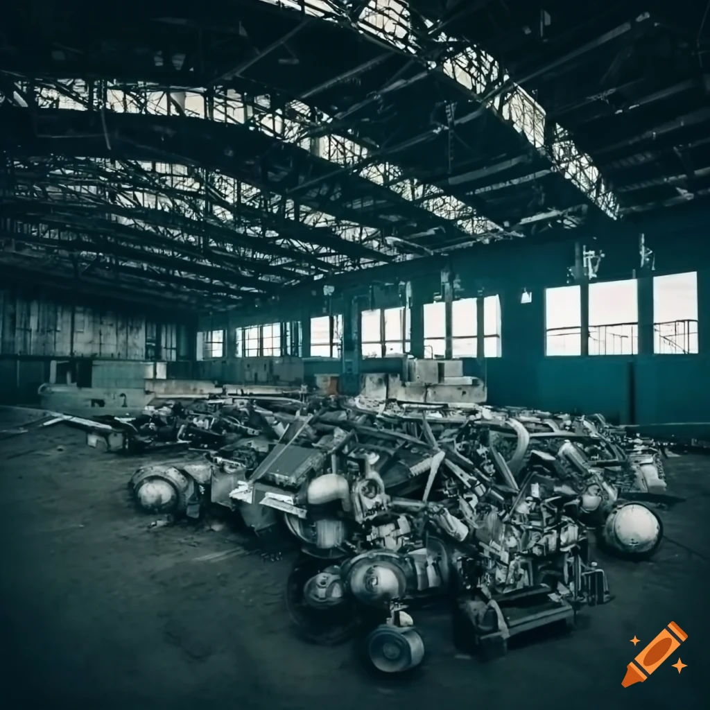 Derelict underground warehouse with scrap metal and machinery on Craiyon