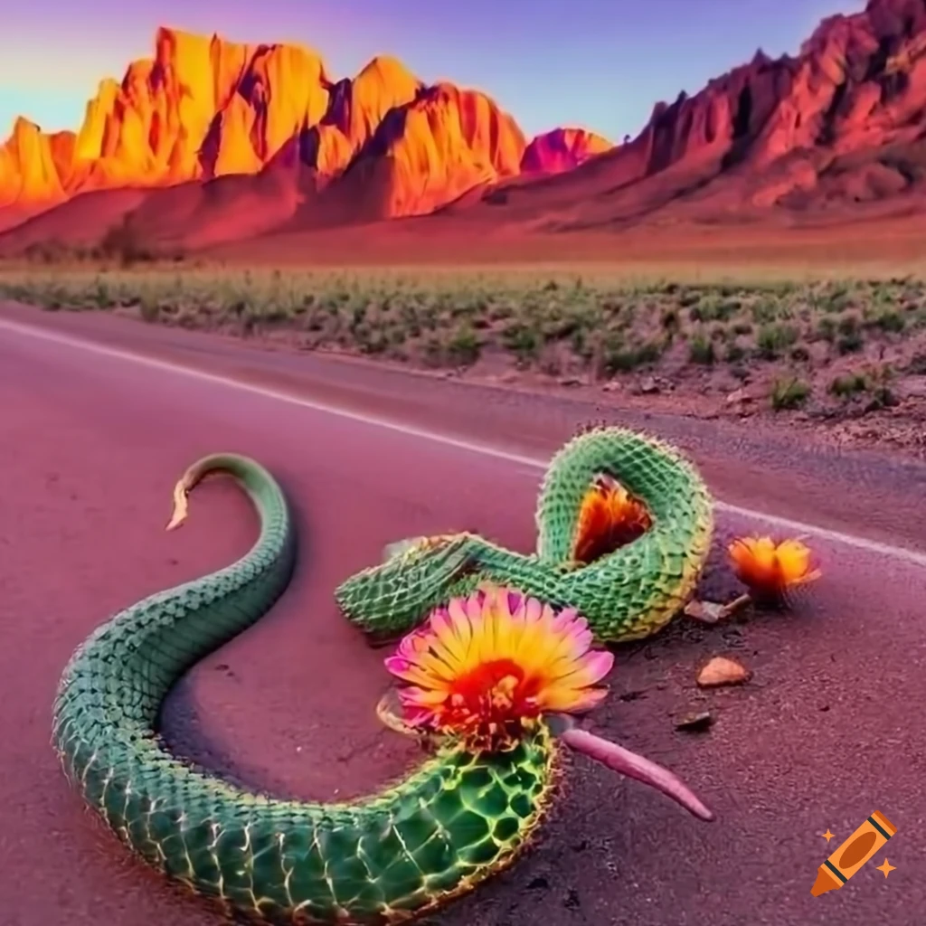 Desert sunset with a snake, cactus, and road on Craiyon