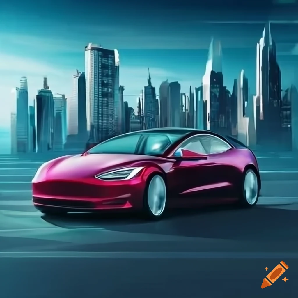 Women standing next to Tesla car with futuristic cityscape background ...