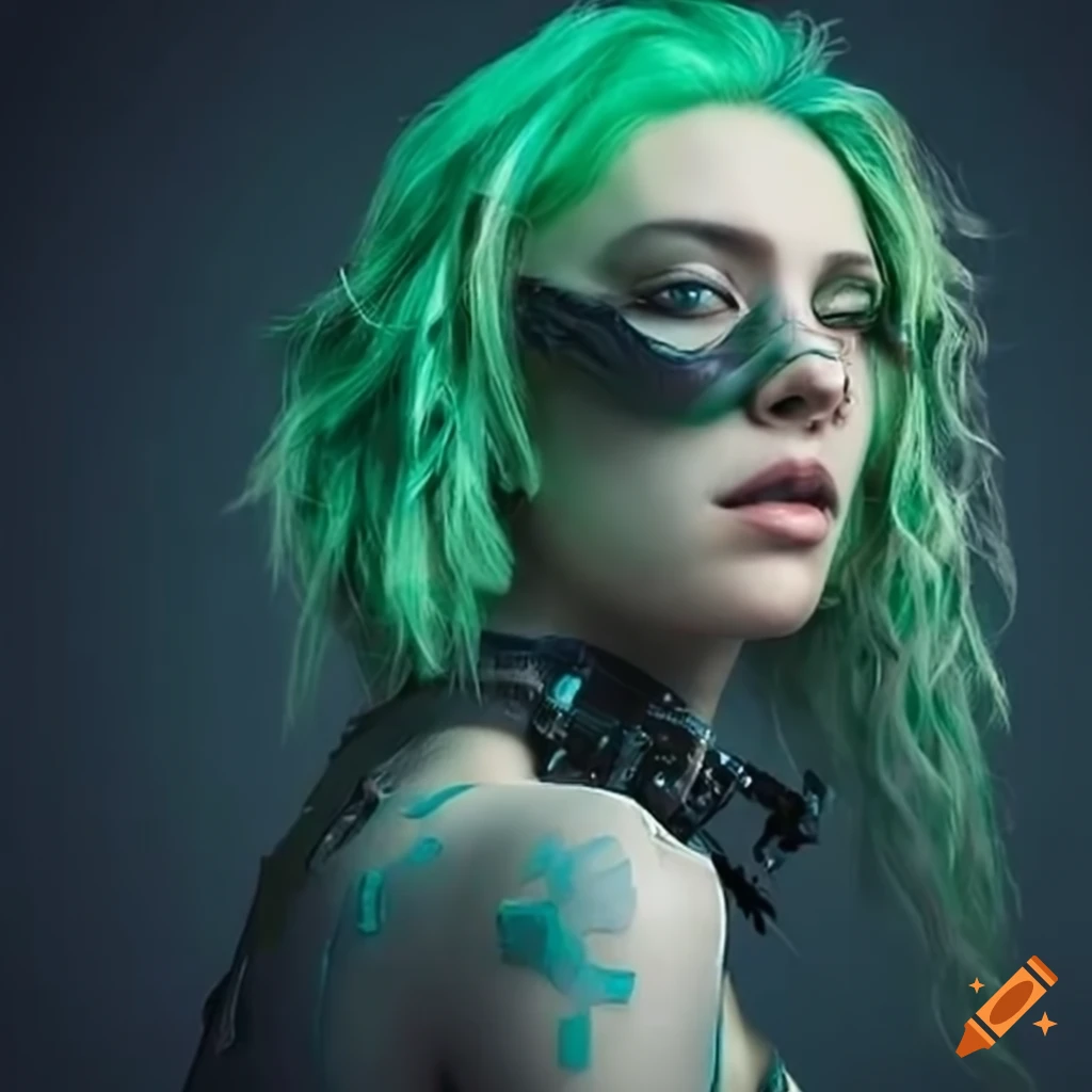 Female cyberpunk apocalypse hero with green hair on Craiyon