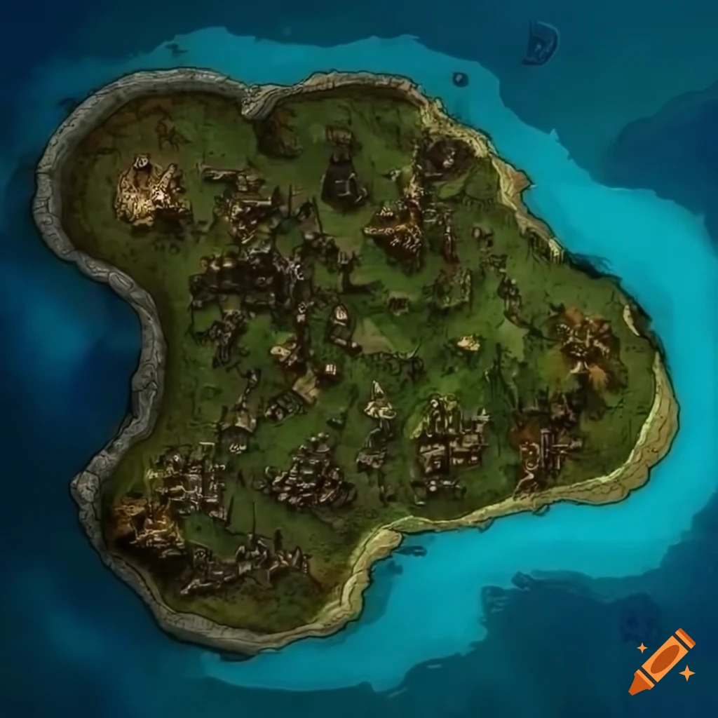 Map of a large island with a fortress, hellish pit, and walled cities ...