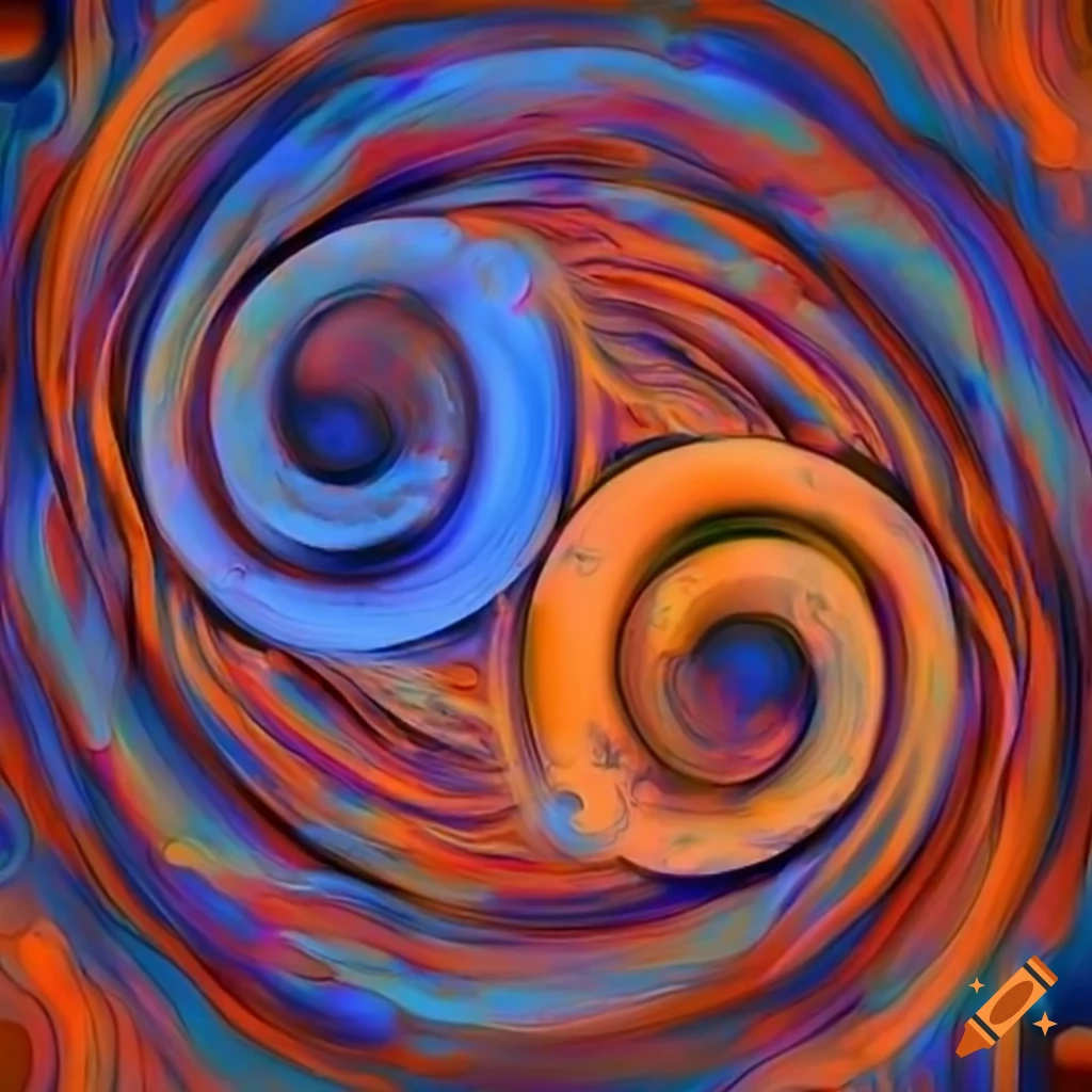 Yin and yang symbol on spiral background with orange and blue colors on ...