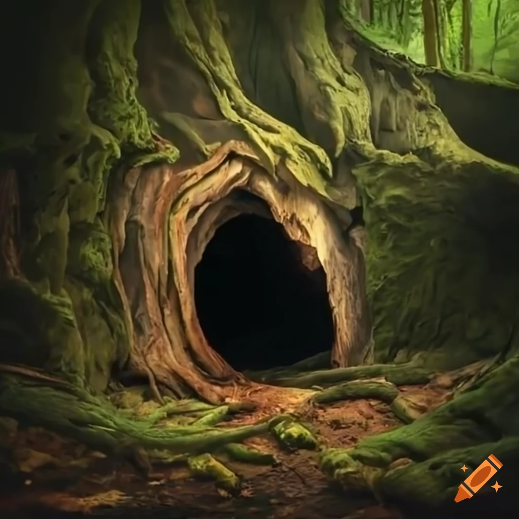 Fallen tree at the edge of a forest near a cavern on Craiyon