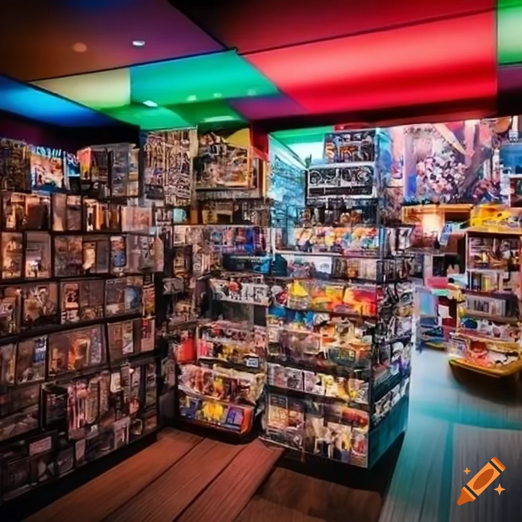 Afternoon at the video game and board card store with colorful games ...