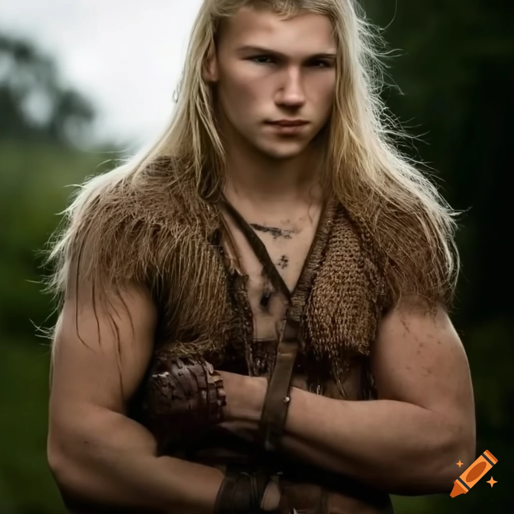 Young handsome blond viking warrior near a river on Craiyon