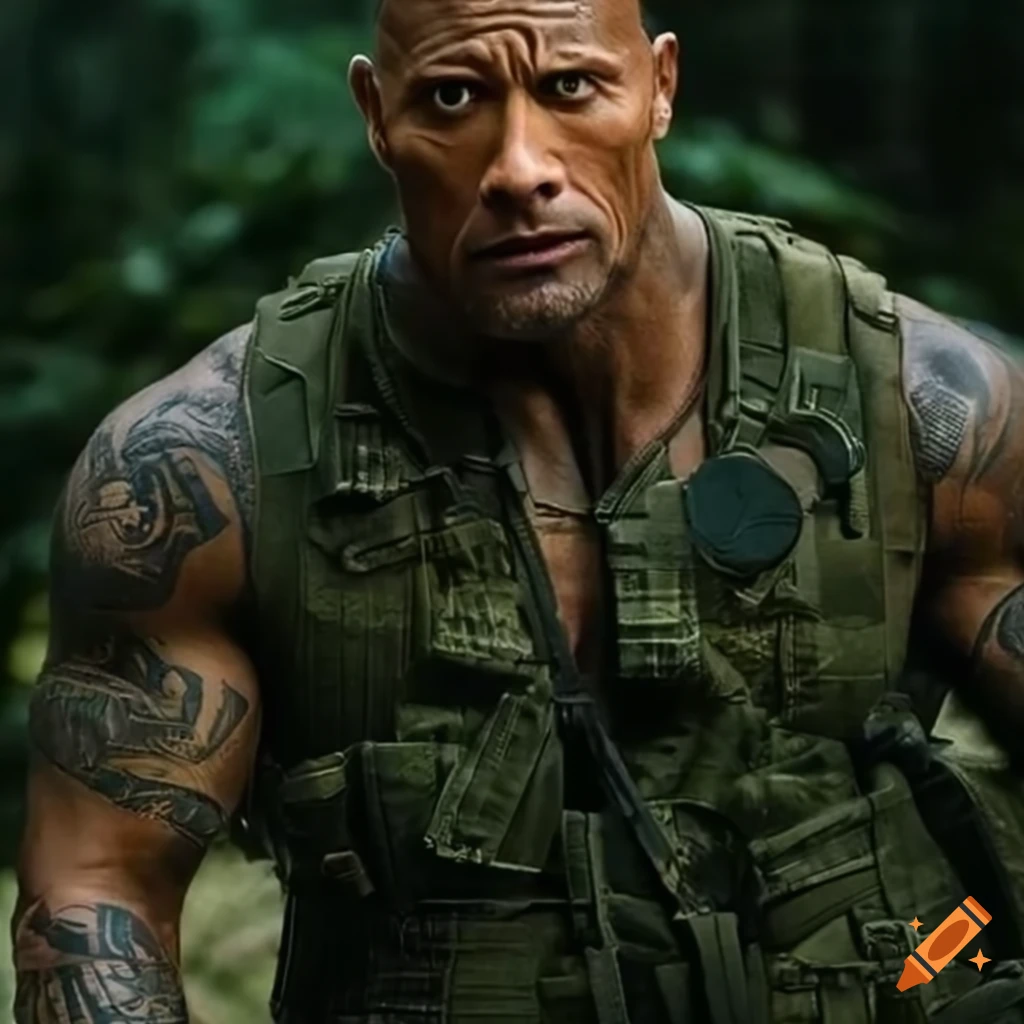 Dwayne Johnson as a soldier in the jungle on Craiyon