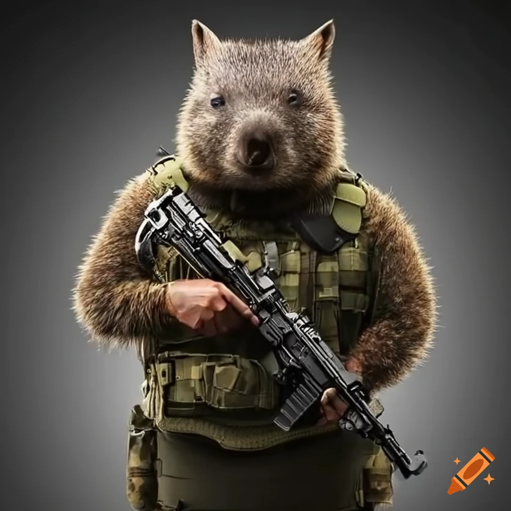 Wombat in military gear with a helmet and gun on Craiyon