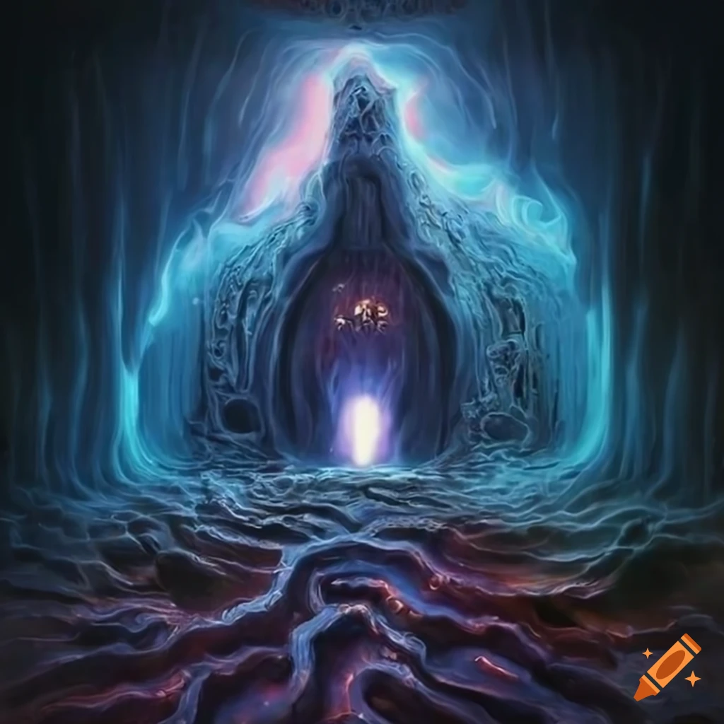 Intricate layered portal design with stunning lighting on a black ...