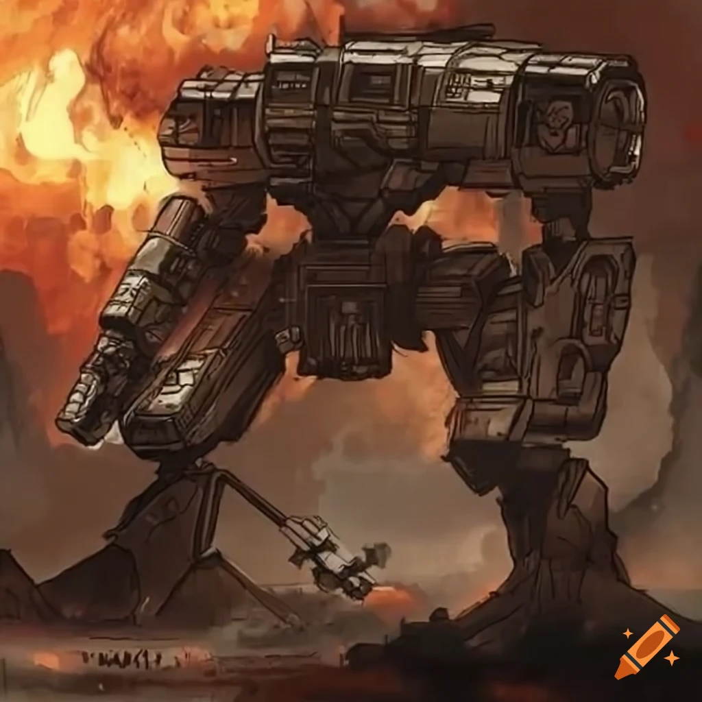 Gigantic mecha with a Gatling gun arm in the heat of battle with ...