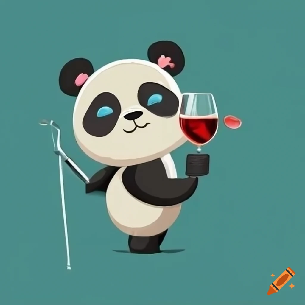 Cartoon panda fishing with a glass of wine on Craiyon