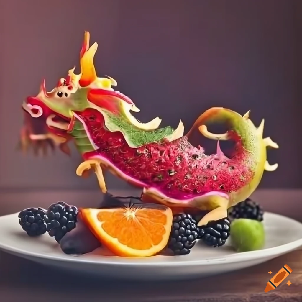 Chinese new year dragon made of mixed fruit including strawberry, kiwi ...