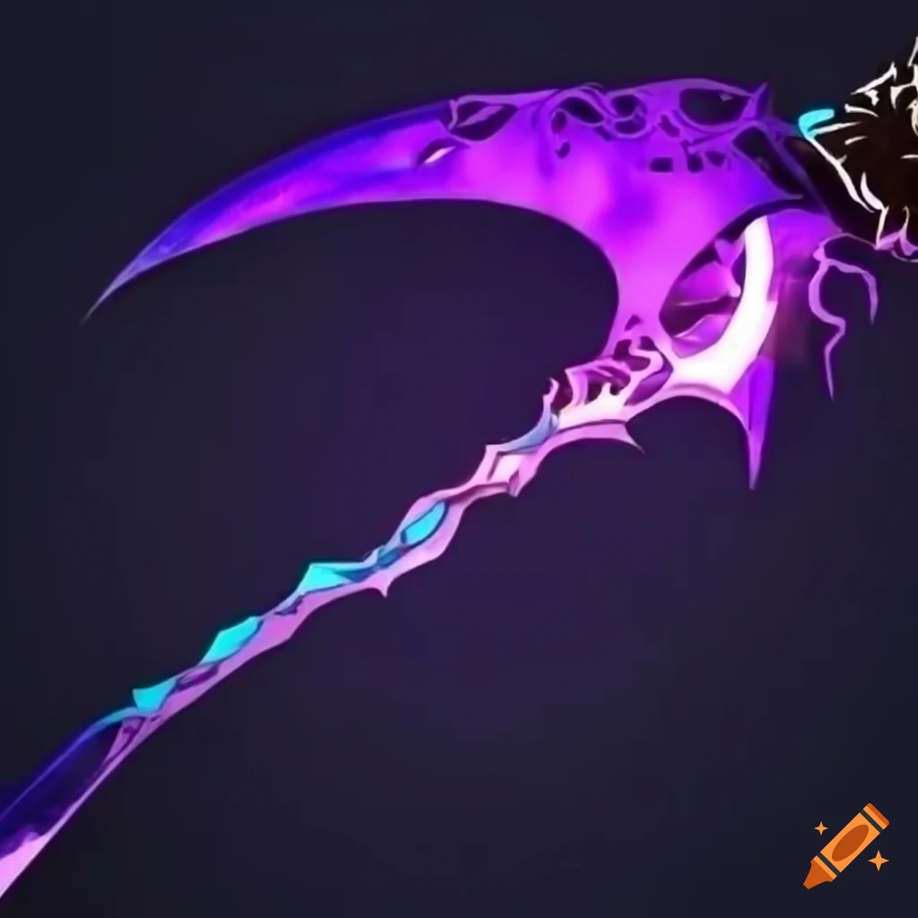 Black, purple, and gold scythe named "soul shatterer" with a glowing ...