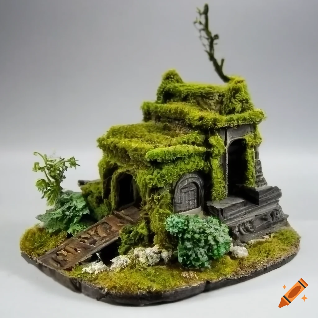 Mini mossy temple with vines in a post-apocalyptic diorama on Craiyon