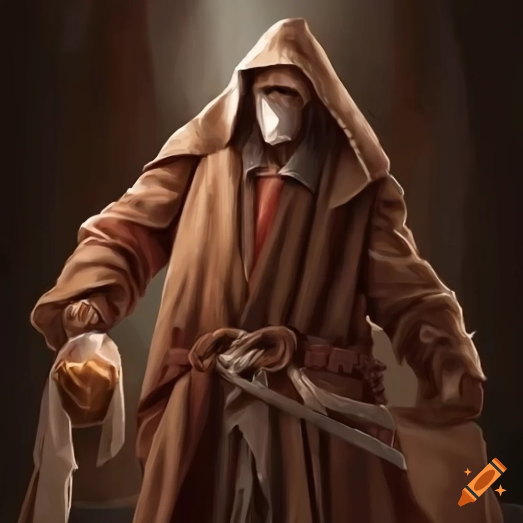 Brown trader robes with a tissue mask for dnd on Craiyon