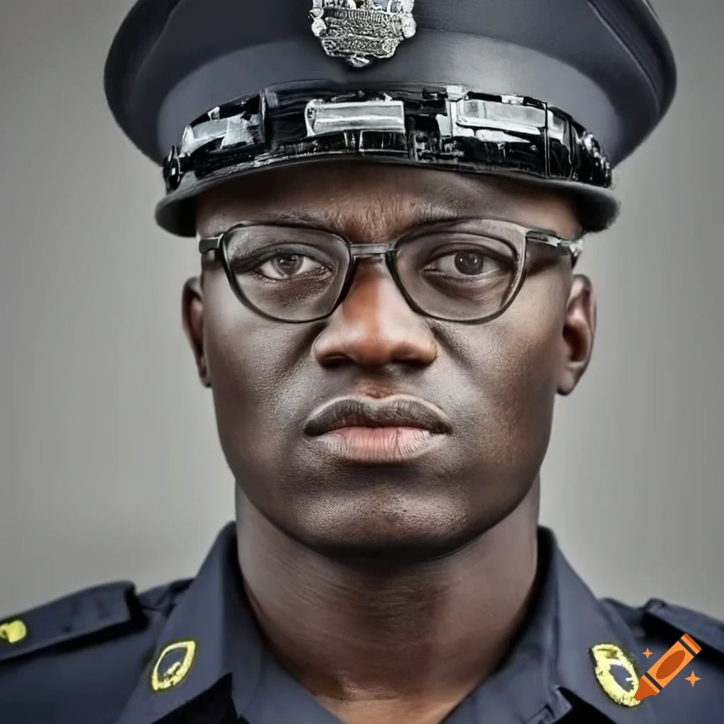 Serious portrait of a proud black police officer on Craiyon