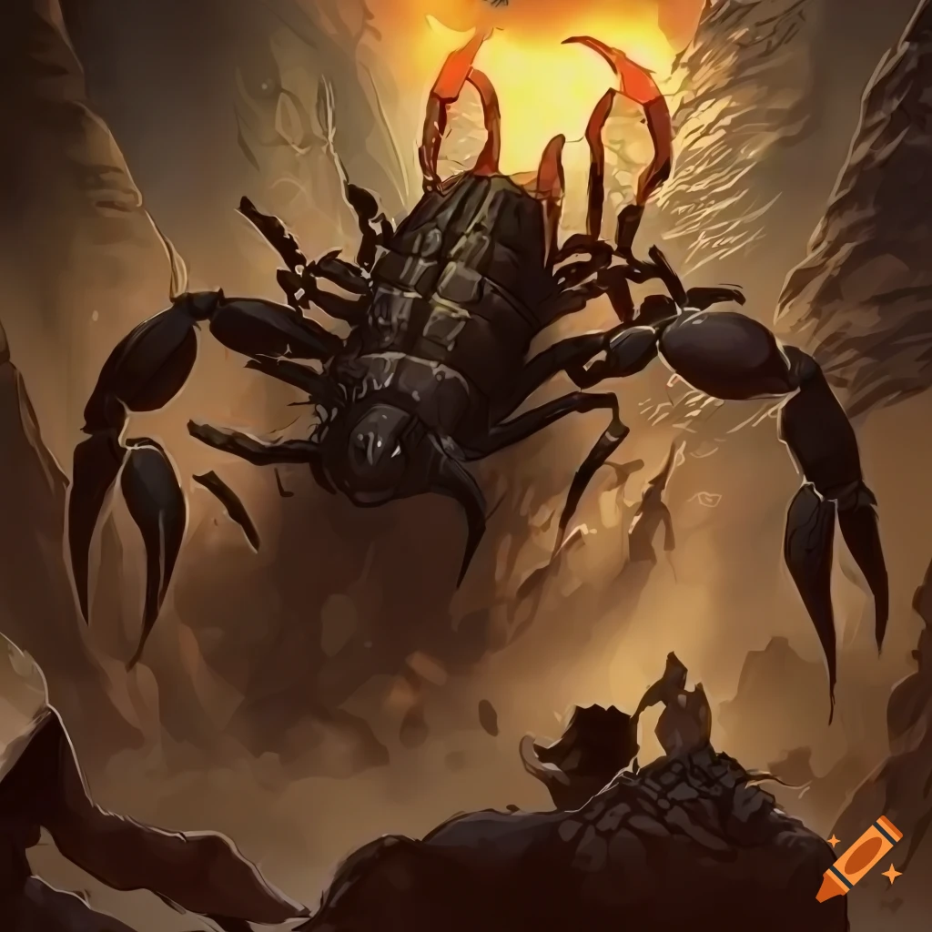 Giant scorpion creature in a fantasy setting on Craiyon