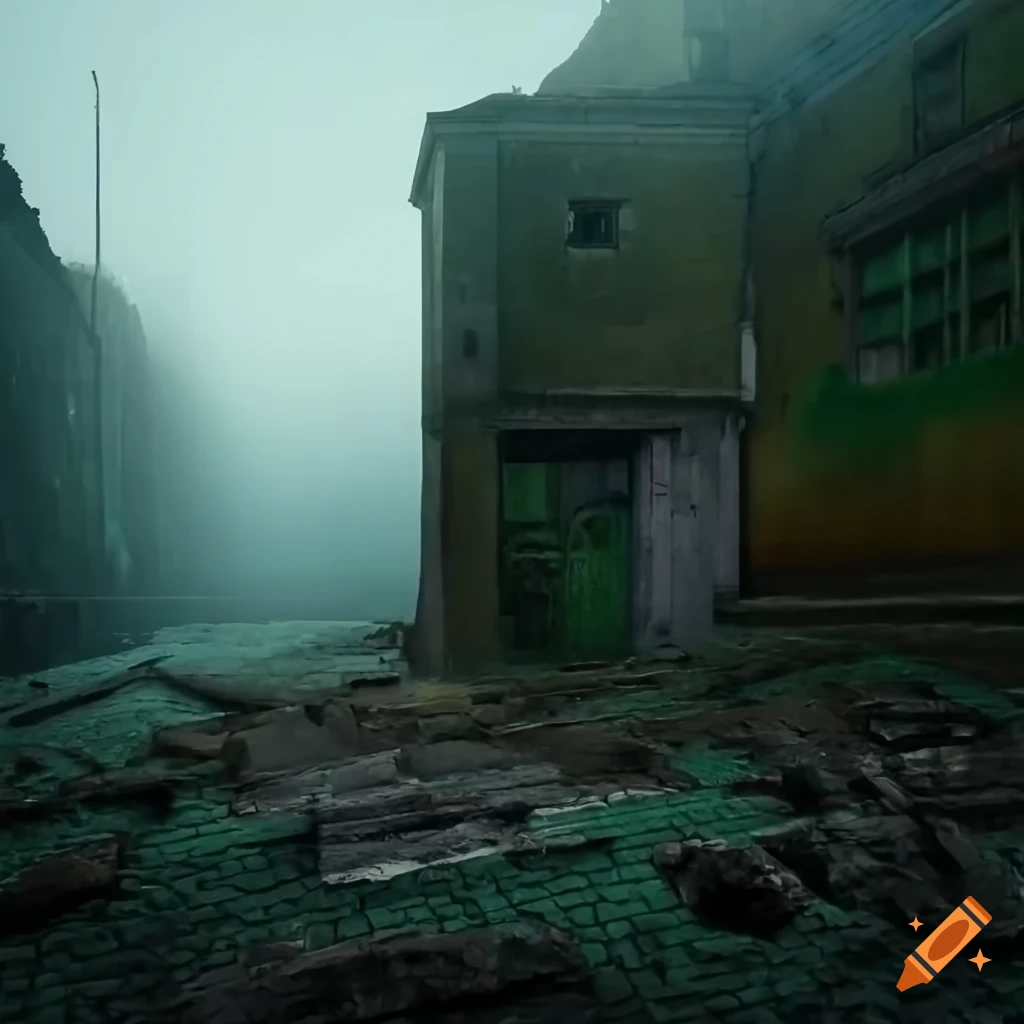 Abandoned buildings sinking into water in thick fog and golden sunset ...