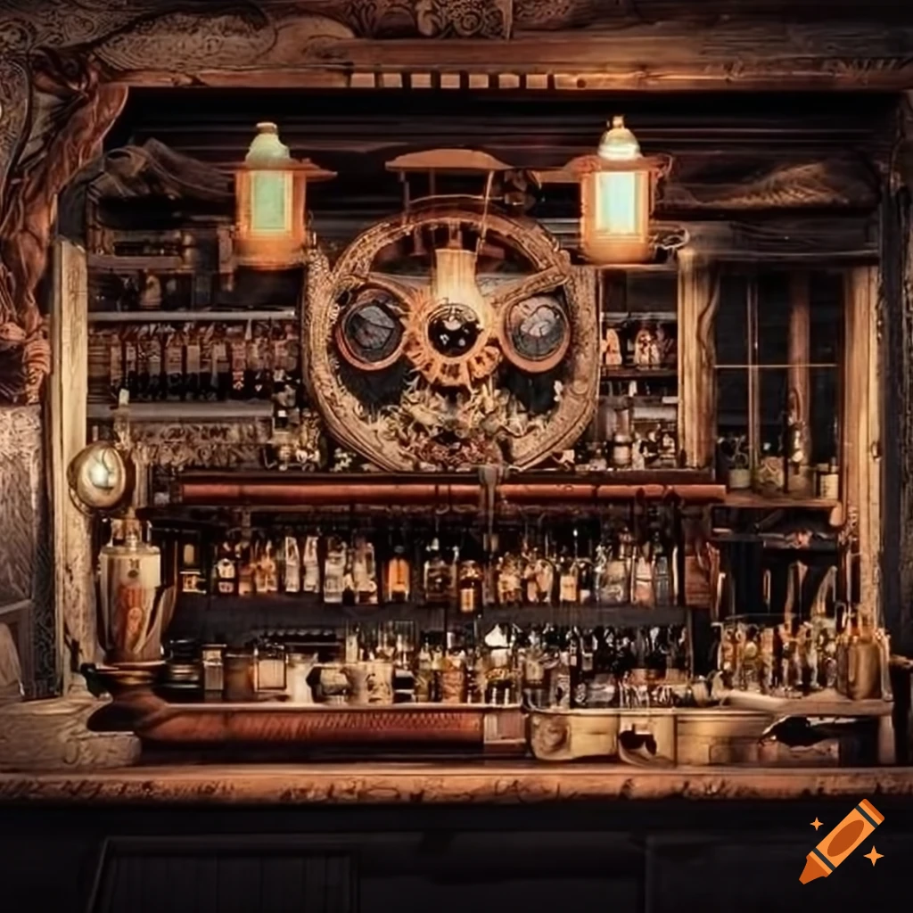 Intricate steampunk garage-style bar with Victorian and Wild West ...
