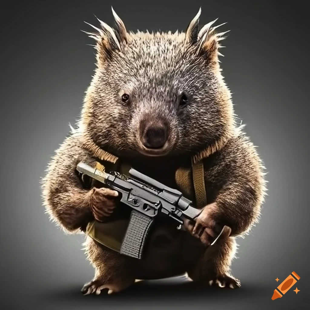 Wombat in military gear with a helmet and gun on Craiyon