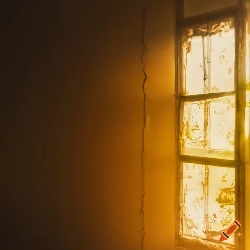 Abandoned office with broken tinted glass windows in golden fog on Craiyon