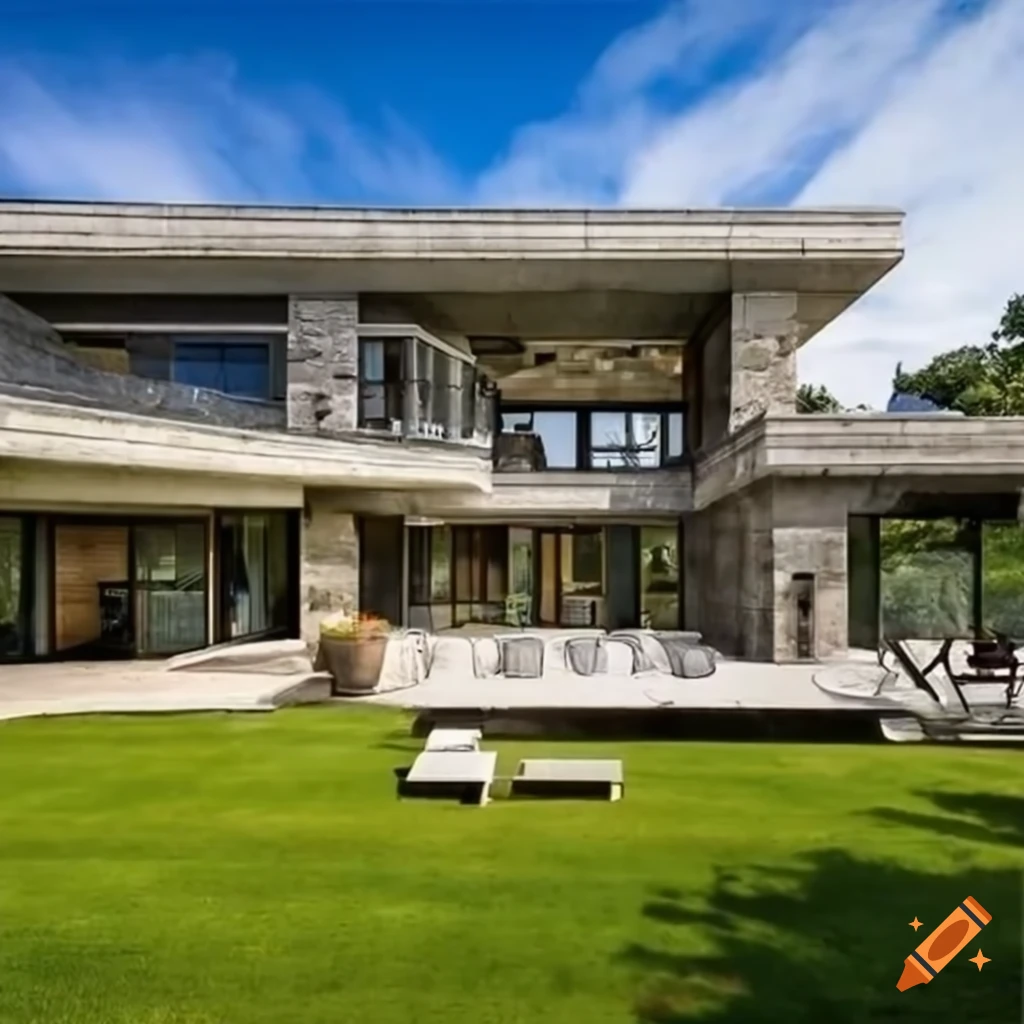 Spacious multi-floor concrete house with large windows, patio, and ...