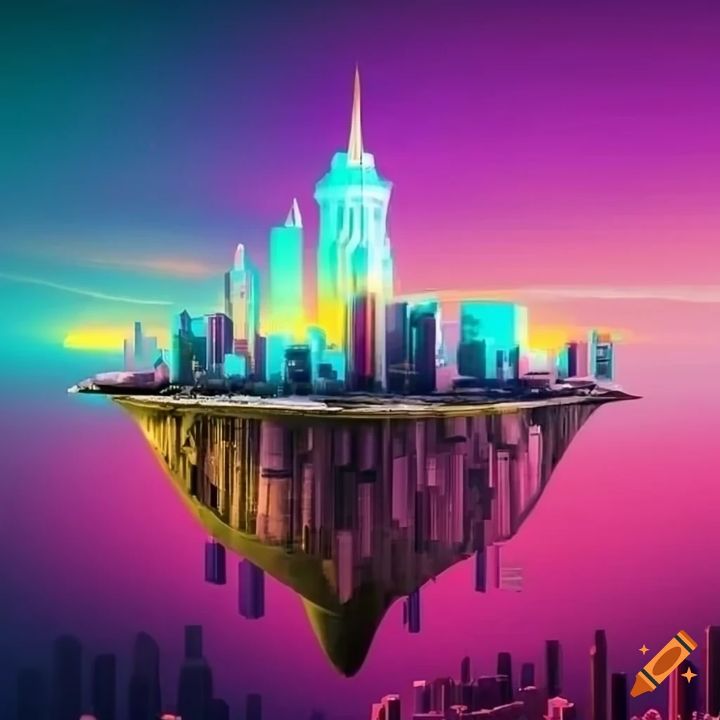 Science fantasy winter cityscape on a floating sky island with magenta ...