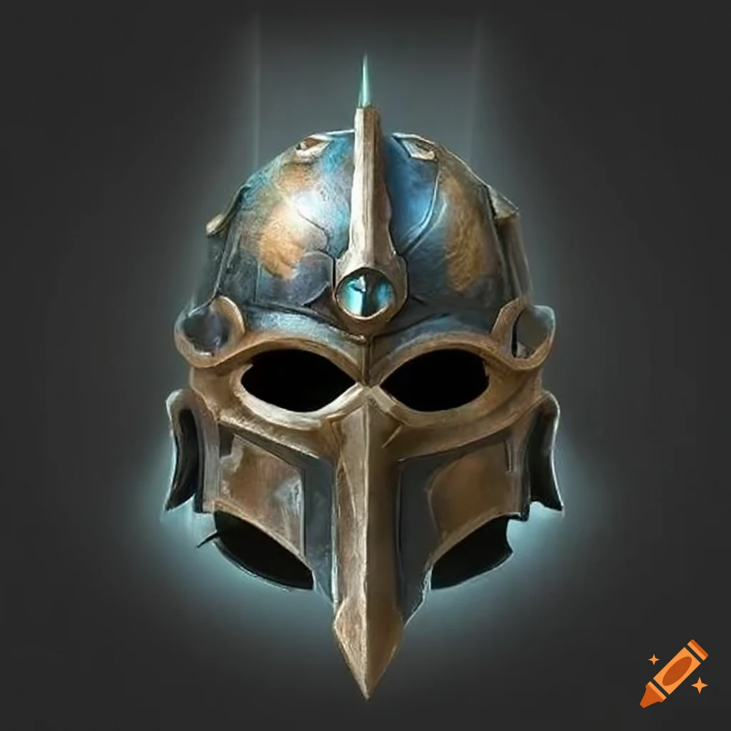 Front view of an elite champion cursed helmet in a fantasy setting on ...