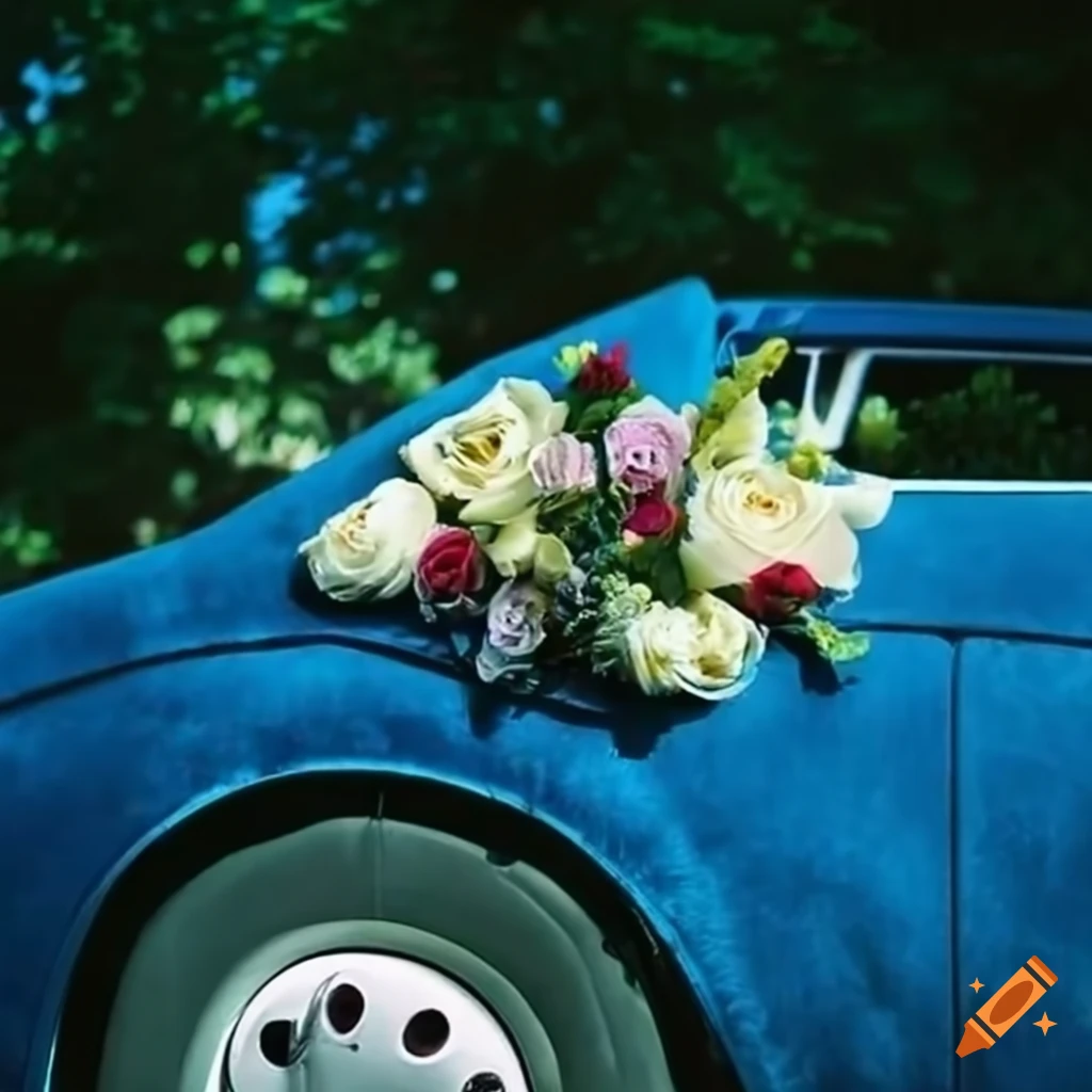 Blue velvet car with flower bouquet on a summer day on Craiyon