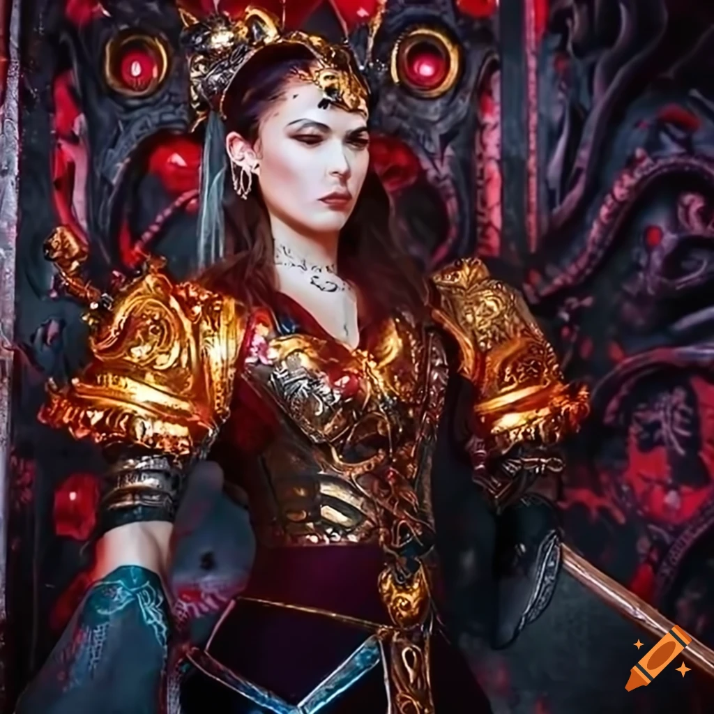 Exquisite woman warrior in a demonic throne room with flaming mountains ...