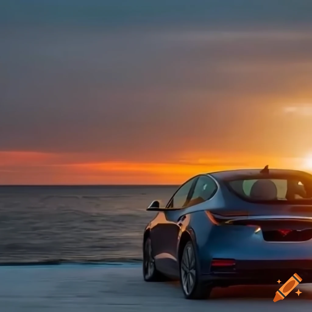 Tesla model y driving into the sunset on Craiyon