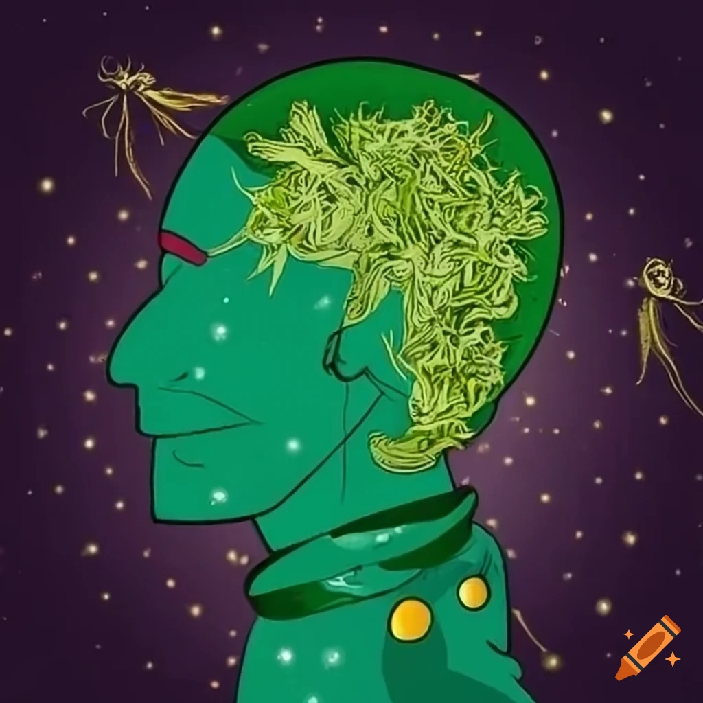 Space man with green and gold oily cannabis joint on Craiyon