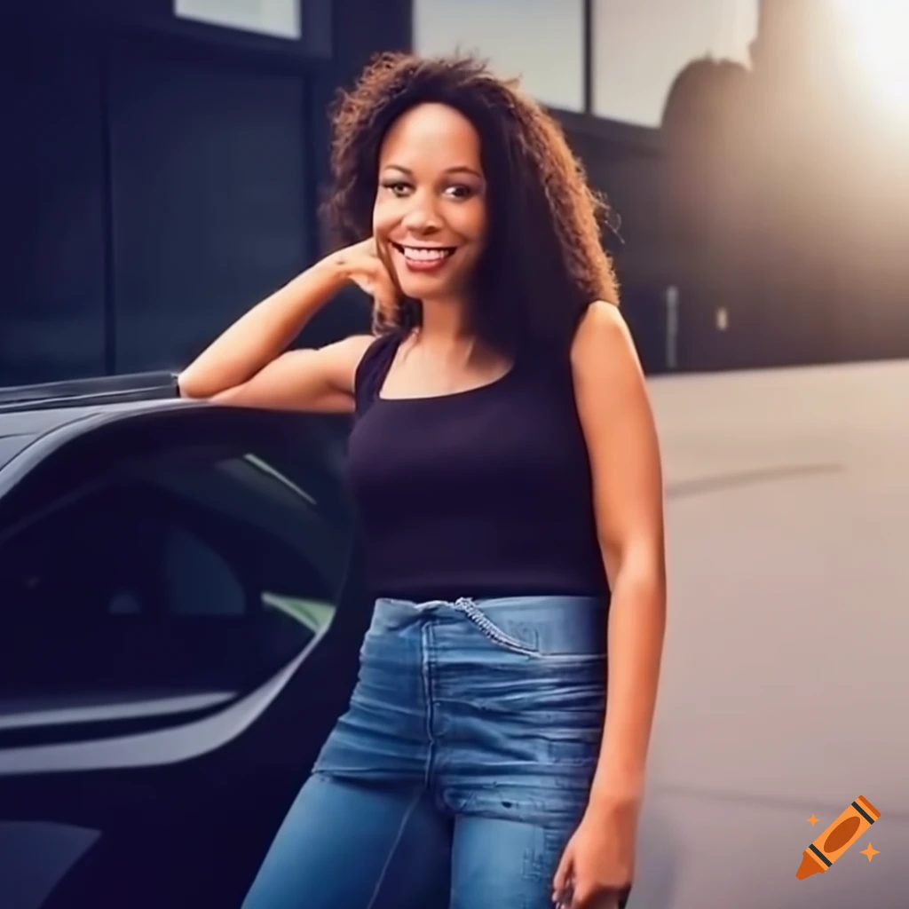 Beautiful woman standing next to a tesla model y on Craiyon