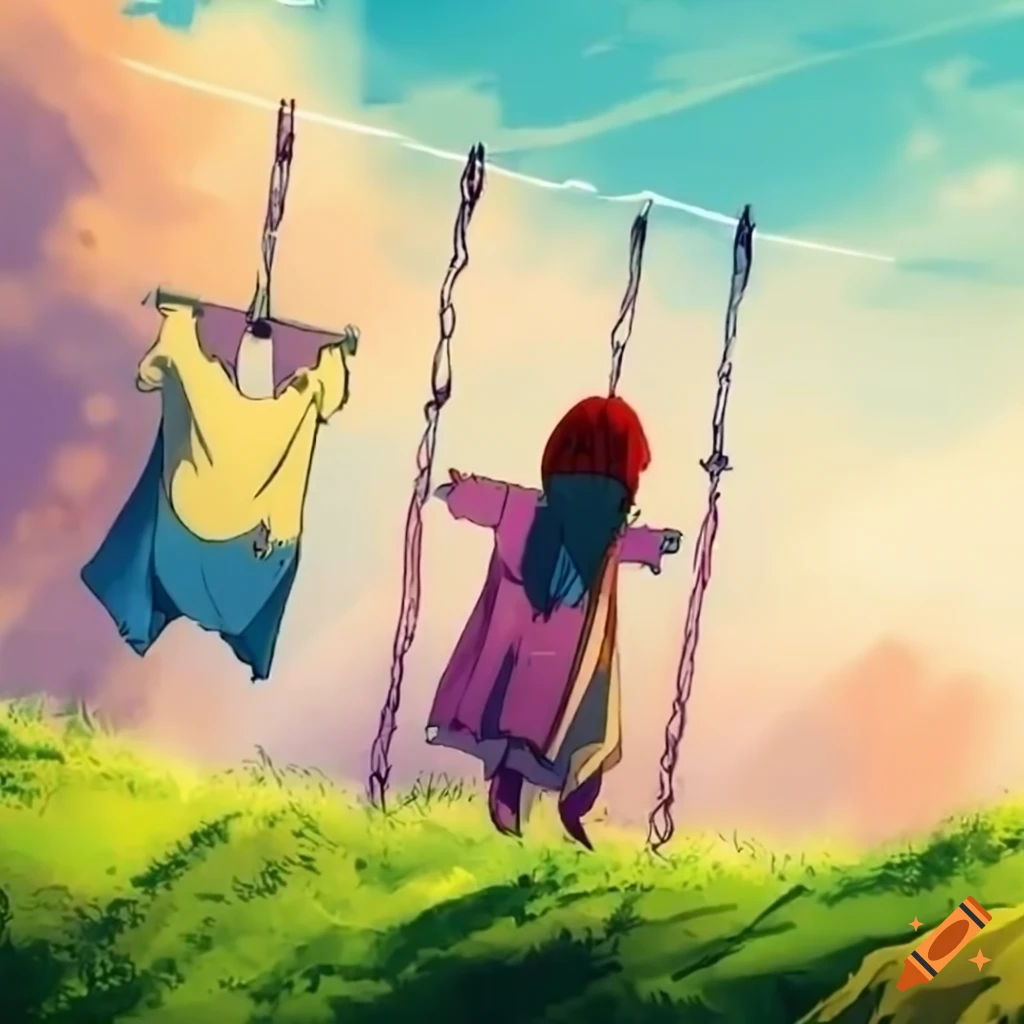 Anime clothing hanging on line on a hill with sky in the background on ...