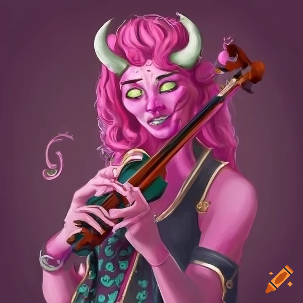 Portrait of a pink tiefling bard with a violin on Craiyon