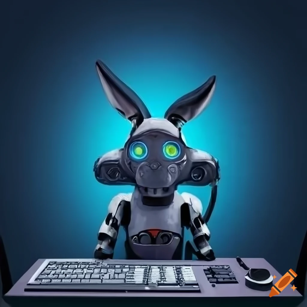 Robotic donkey using a computer on a dark blue background on Craiyon