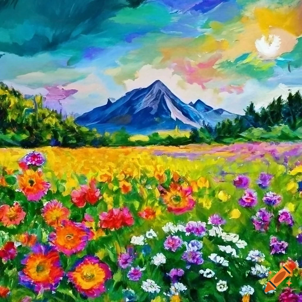 Colorful high-resolution painting of flowers in a mountainous landscape ...