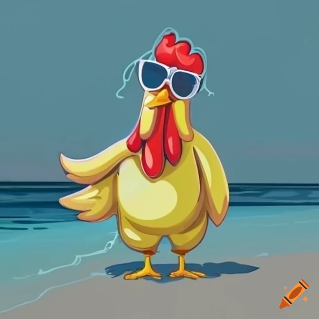 Yellow cartoon chicken with swim trunks and sunglasses on Craiyon