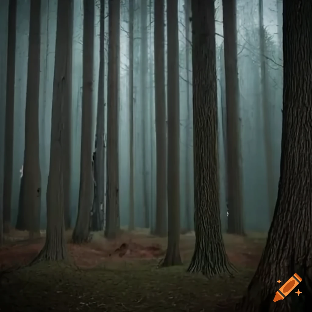 Tall clawed entity with red eyes lurking in dark pine forest on Craiyon